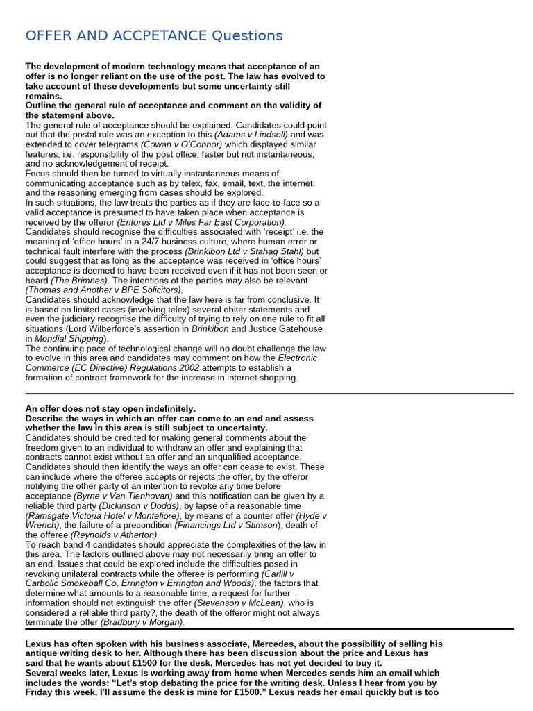 Offer and Acceptance Questions-1 | PDF | Offer And Acceptance | Consent