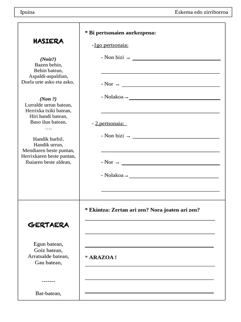 Istorioa sortzeko eskema eta idazteko txantiloia | PDF