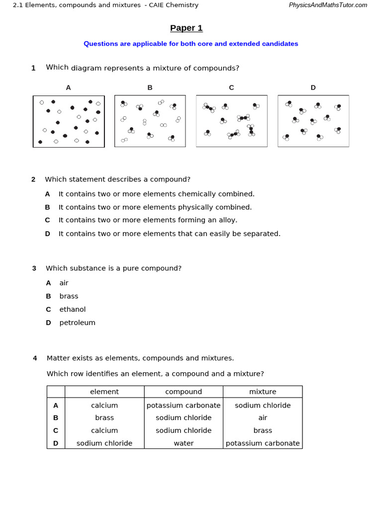 2.1 Elements, Compounds and Mixtures MCQ QP | PDF