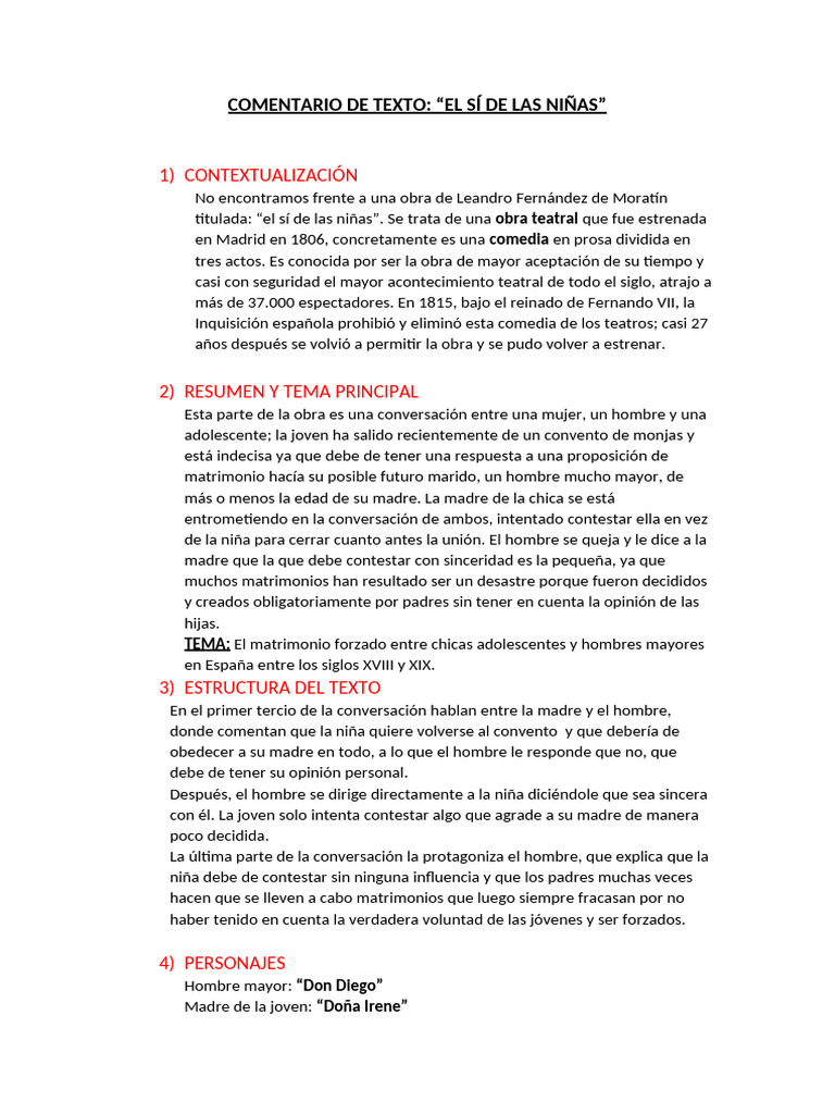 Análisis de "El sí de las niñas" | PDF