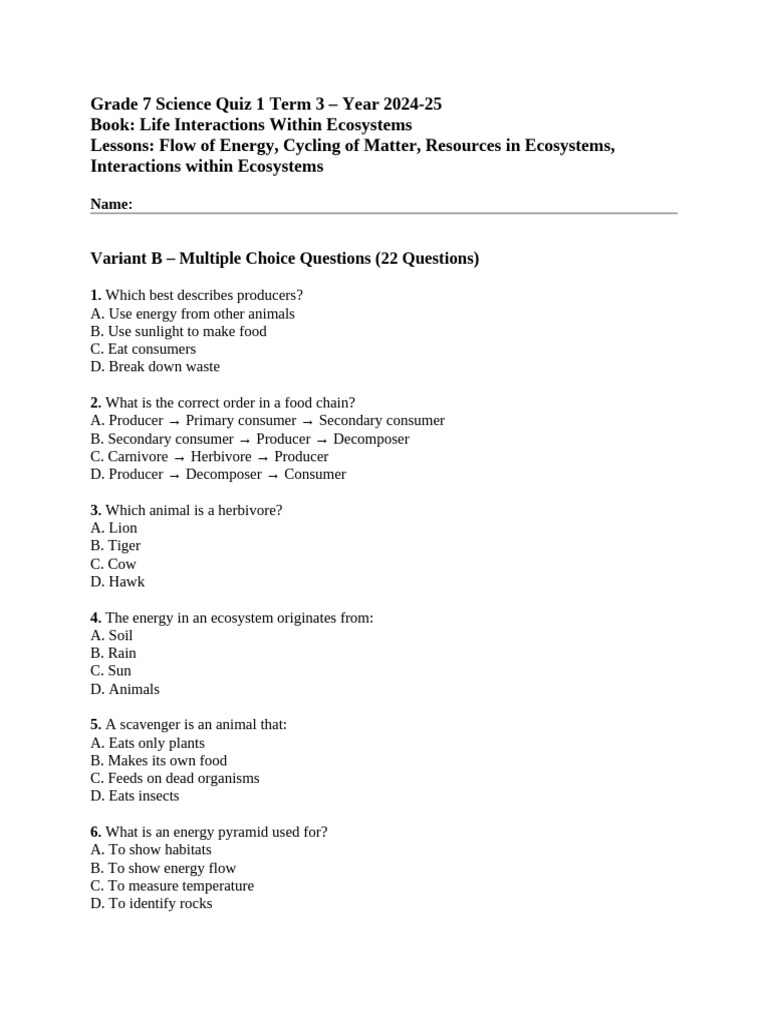 Grade 7 Science Quiz1 B | PDF | Ecosystem | Foods