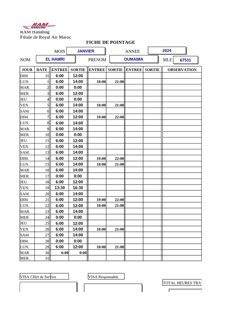 Pointage Manuel Du Mois Janvier 2024 ELHAMRI OUMAIMA | PDF