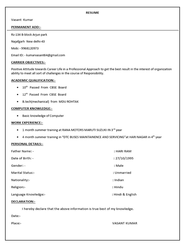 Vasant Kumar Resume Apna | PDF