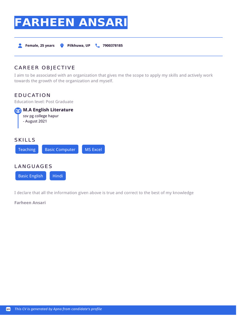 Farheen Ansari Resume Apna | PDF