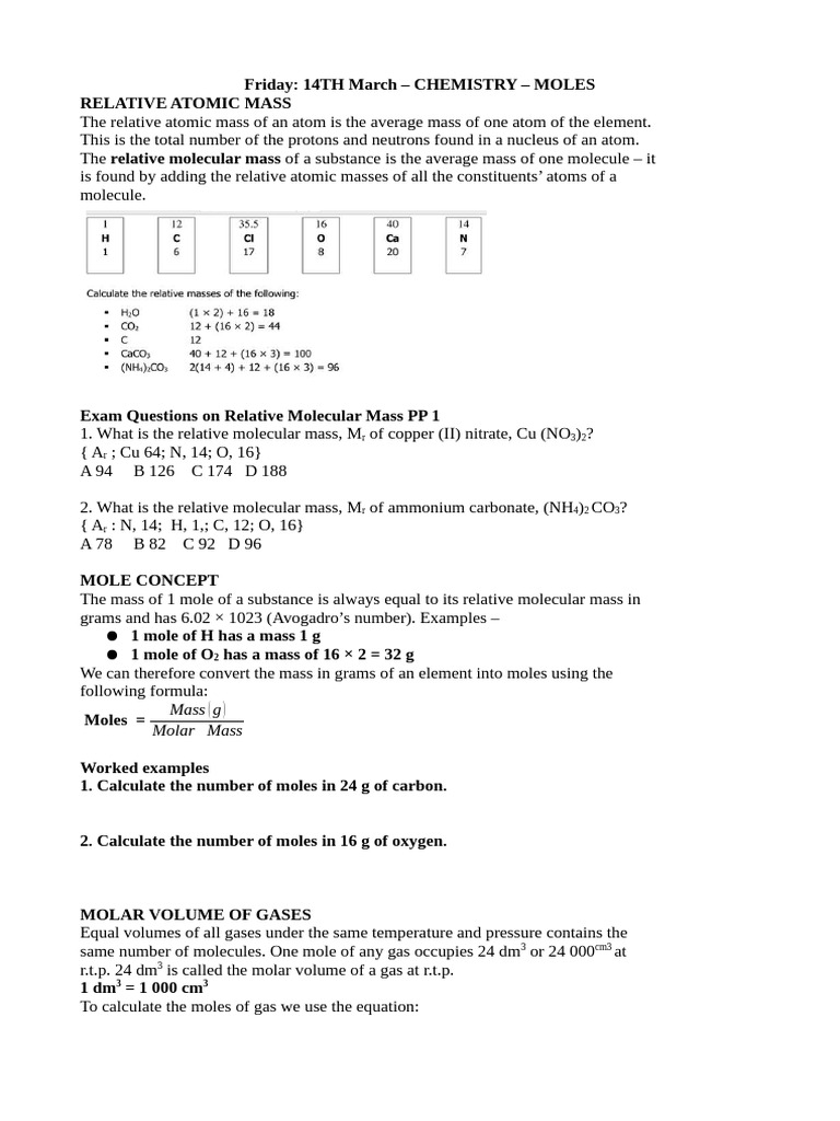 Chemistry Moles and Molecular Mass Guide | PDF | Mole (Unit) | Molecules