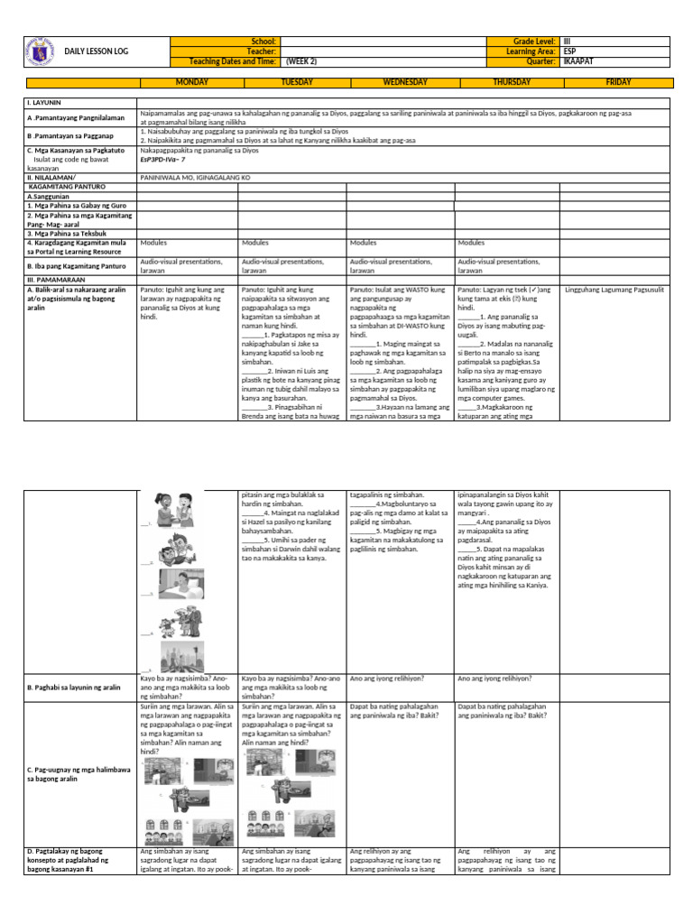 DLL_ESP 3_Q4_W2_Nakapagpapakita ng pananalig sa Diyos | PDF