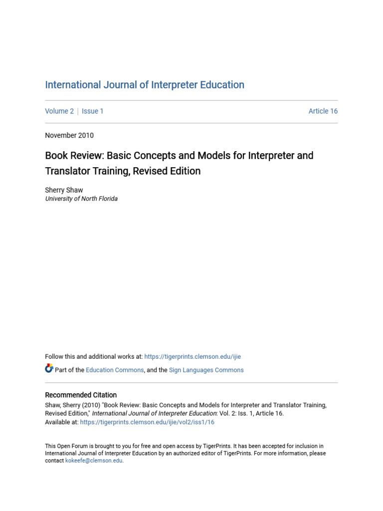 Book Review - Basic Concepts and Models For Interpreter and Transl ...