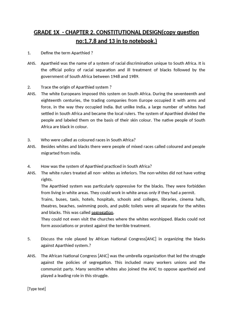 grade 9 chapter 2 constitutional design (1) | PDF | Apartheid | Government