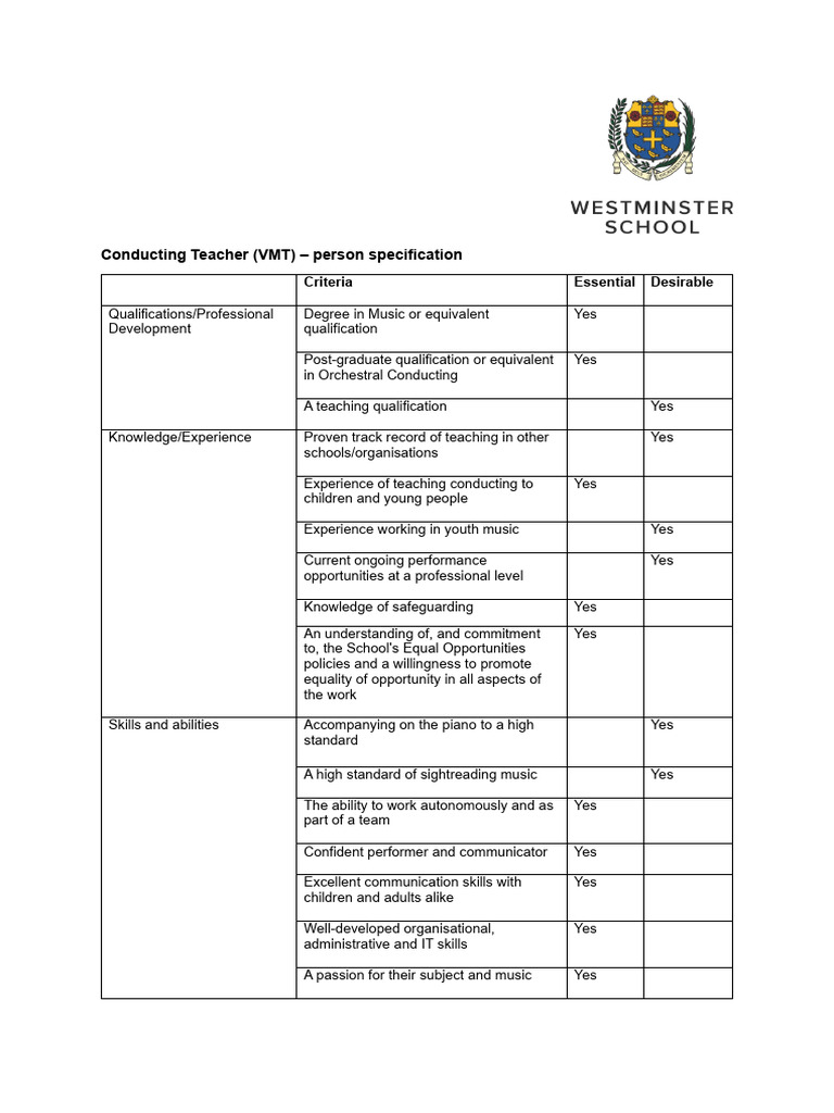 Conducting Teacher (VMT) - Person Specification | PDF