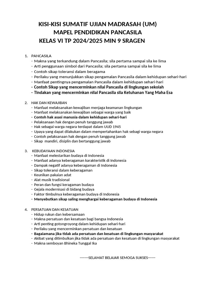 KISI-KISI UM_PKN_KELAS 6 | PDF