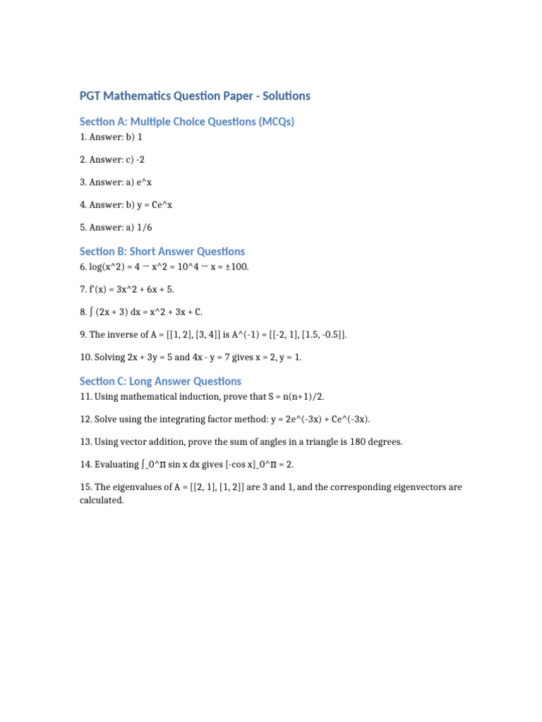 PGT Mathematics Solutions | PDF