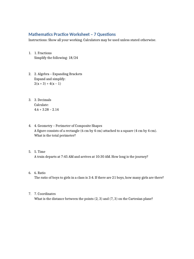 Math Worksheet 7 Questions | PDF