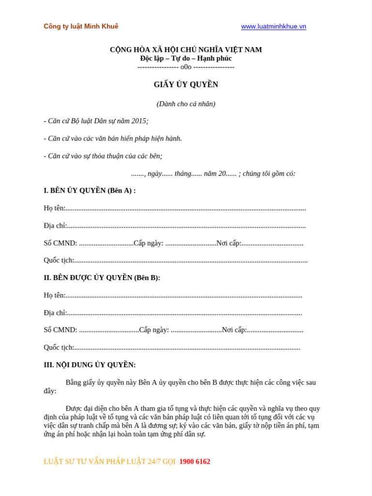 Mau Giay Uy Quyen Ca Nhan | PDF