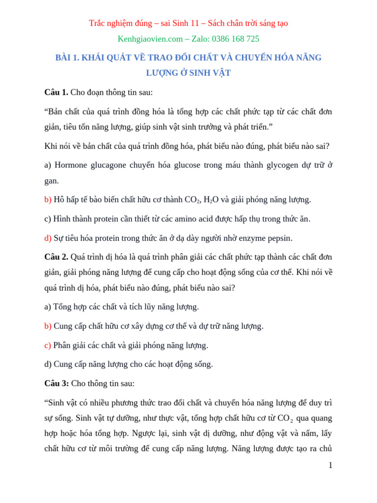 TN Dung Sai Sinh 11 CTST Bai 1 Khai Quat Ve Trao Doi Chat Va Chuyen Hoa Nang Luong o Sinh Vat | PDF