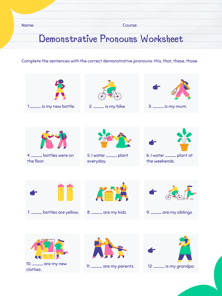 Demonstrative Pronouns Worksheet in White and Blue Illustrative Style | PDF