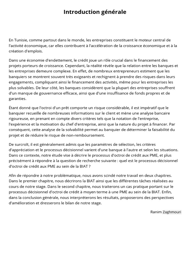 Processus de crédit aux PME à la BIAT | PDF
