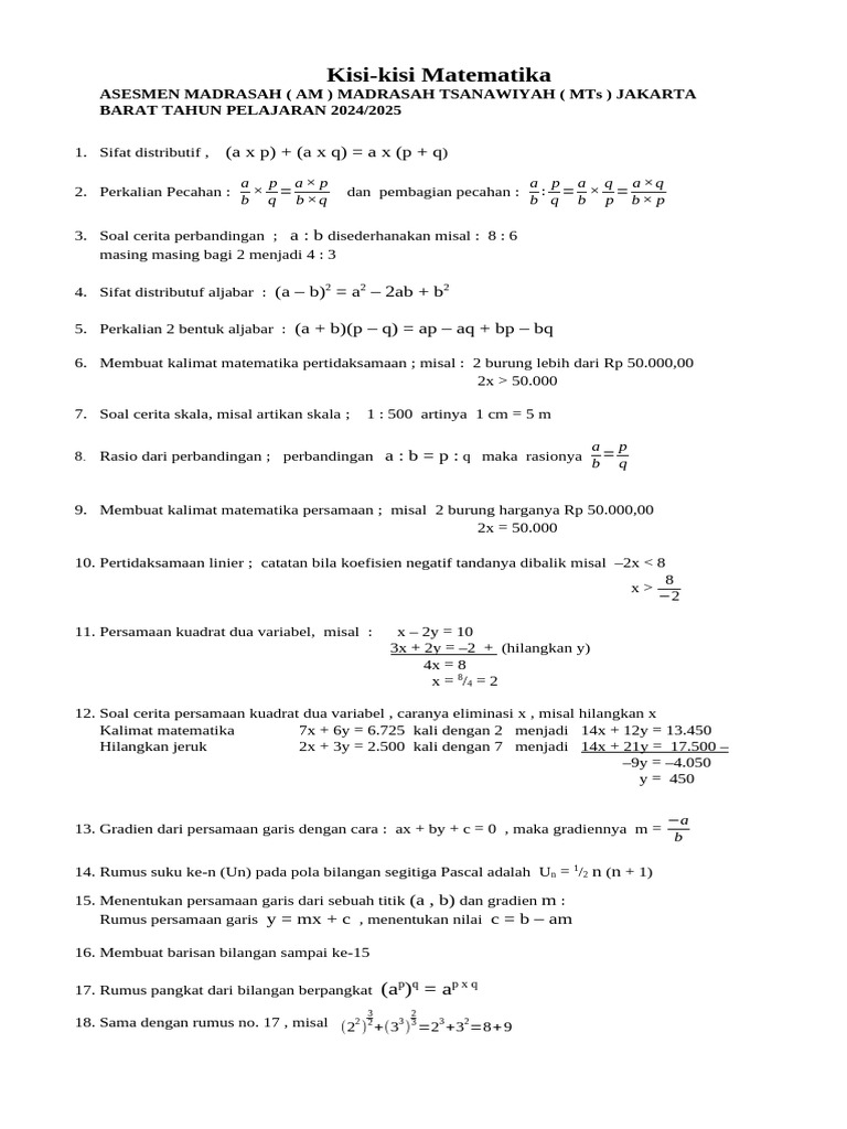 Kisi-Kisi Soal Matematika UM 2025 | PDF