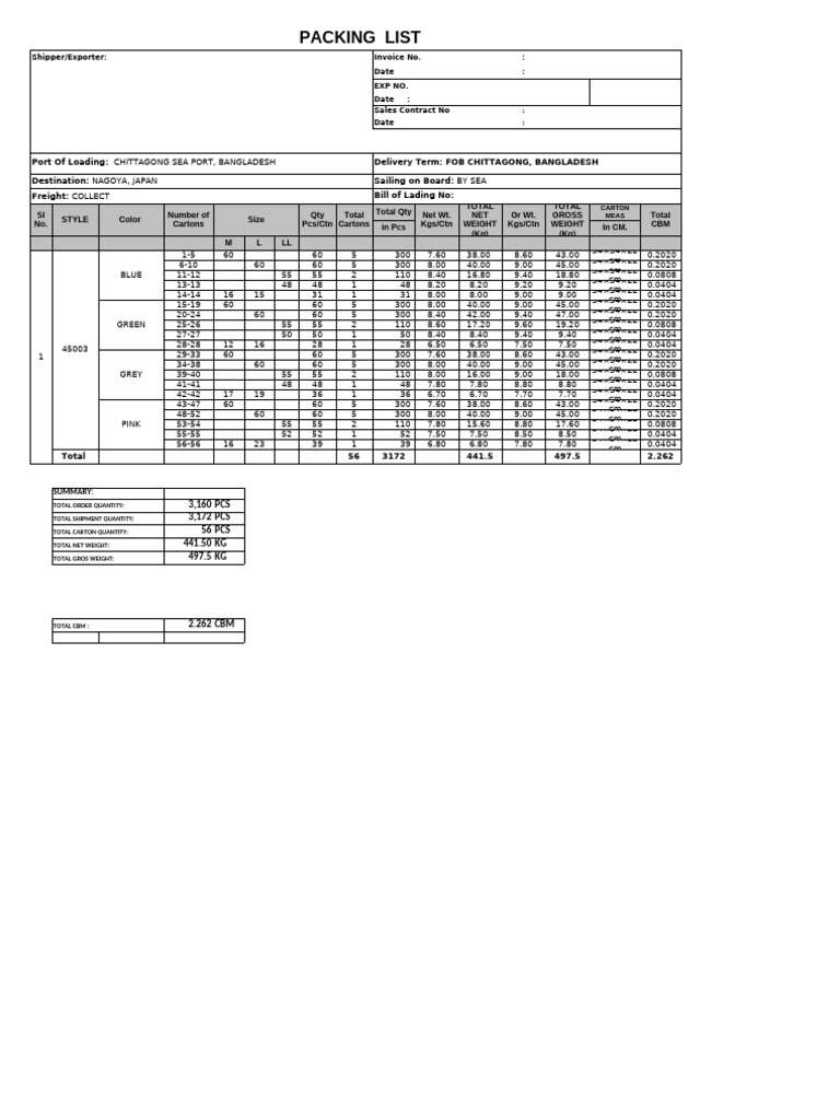 Packing List BD Tex | PDF | Cargo | Bill Of Lading