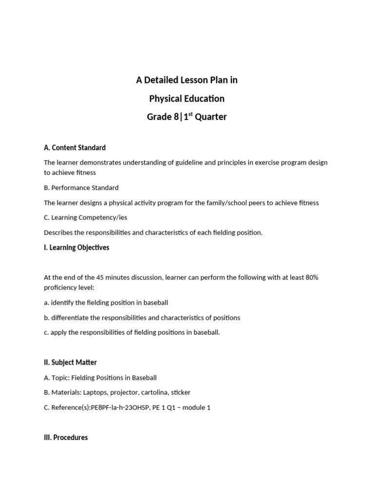 A Detailed Lesson Plan in | PDF | Baseball Field | Baseball Positions