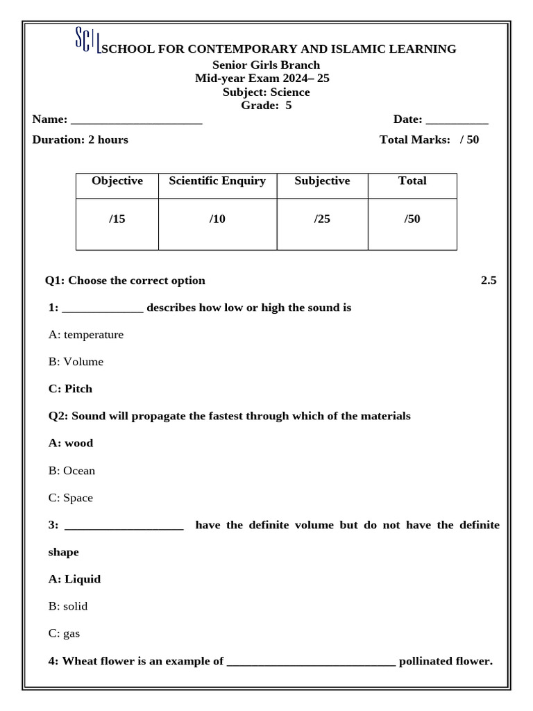 Grade 5 Science Mid-Year Exam 2024-25 | PDF | Sound | Flowers
