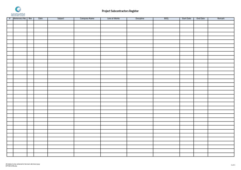 Project Subcontractors Register Template | PDF
