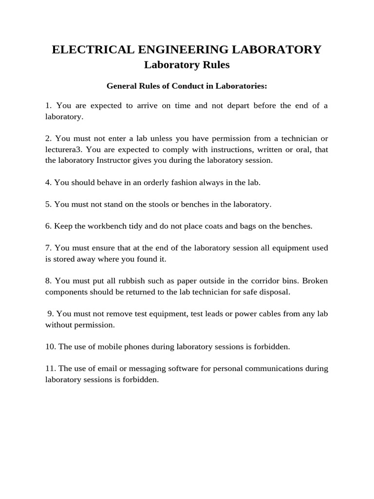 ELECTRICAL ENGINEERING LABORATORY RULES | PDF