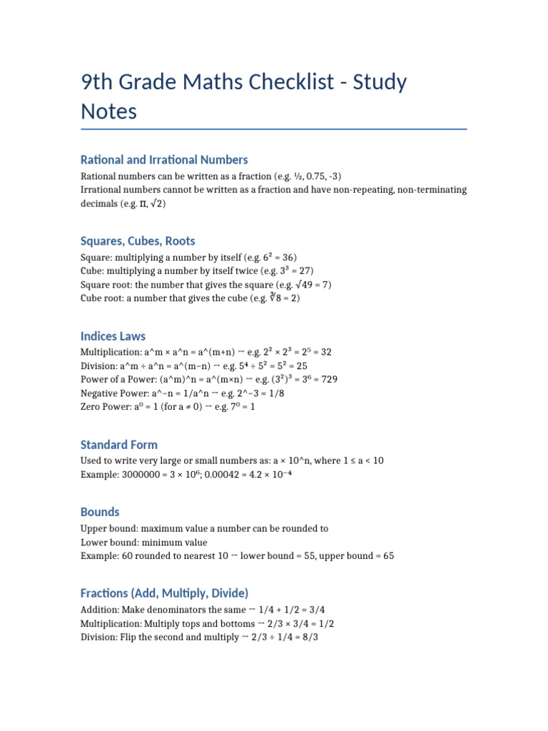 9th Grade Maths Study Checklist | PDF | Numbers | Multiplication