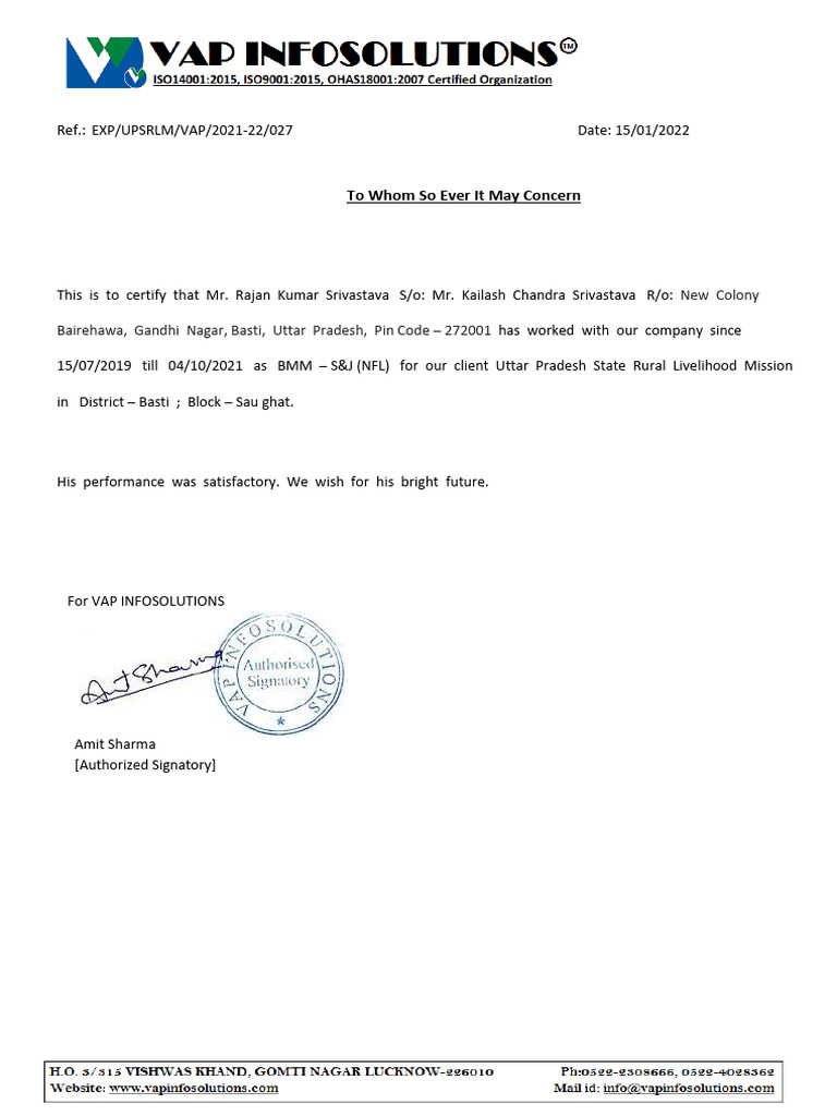07Apr202501041255616Experience Letter Rajan Kr. Srivastava BMM | PDF