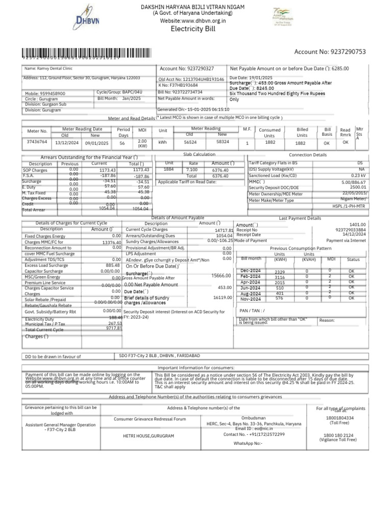 Ramvy Dental ClinicBill Haryana Electricity Bill | PDF | Electrical ...
