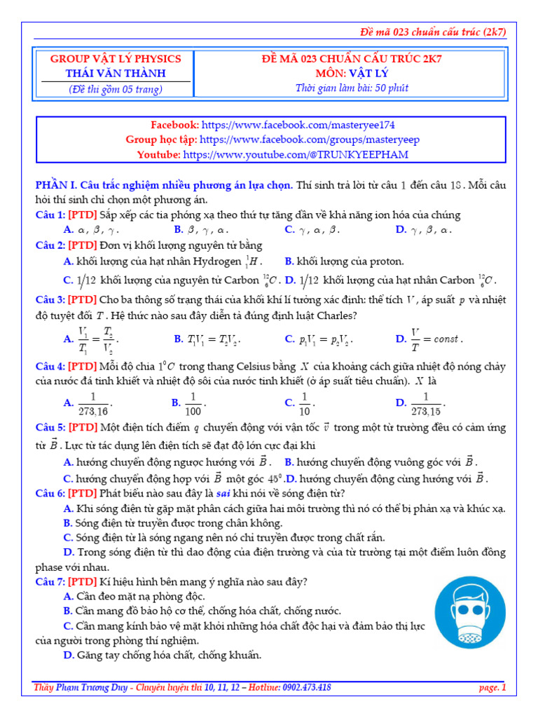 023. Đề mã 023 group Vật lý Physics 2k7 | PDF