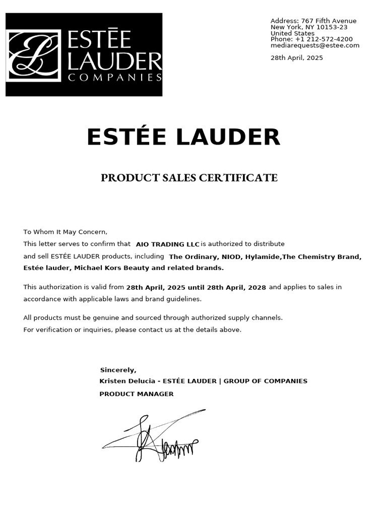 New Estée Lauder Certificate | PDF