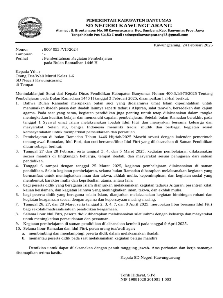 Surat Pemberitahuan Kegiatan Bulan Ramadhan 1446 H | PDF