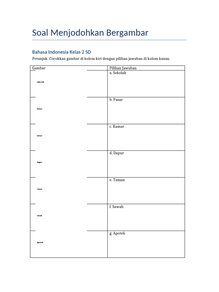 Soal Menjodohkan Bergambar Bahasa Indonesia Kelas 2 SD | PDF
