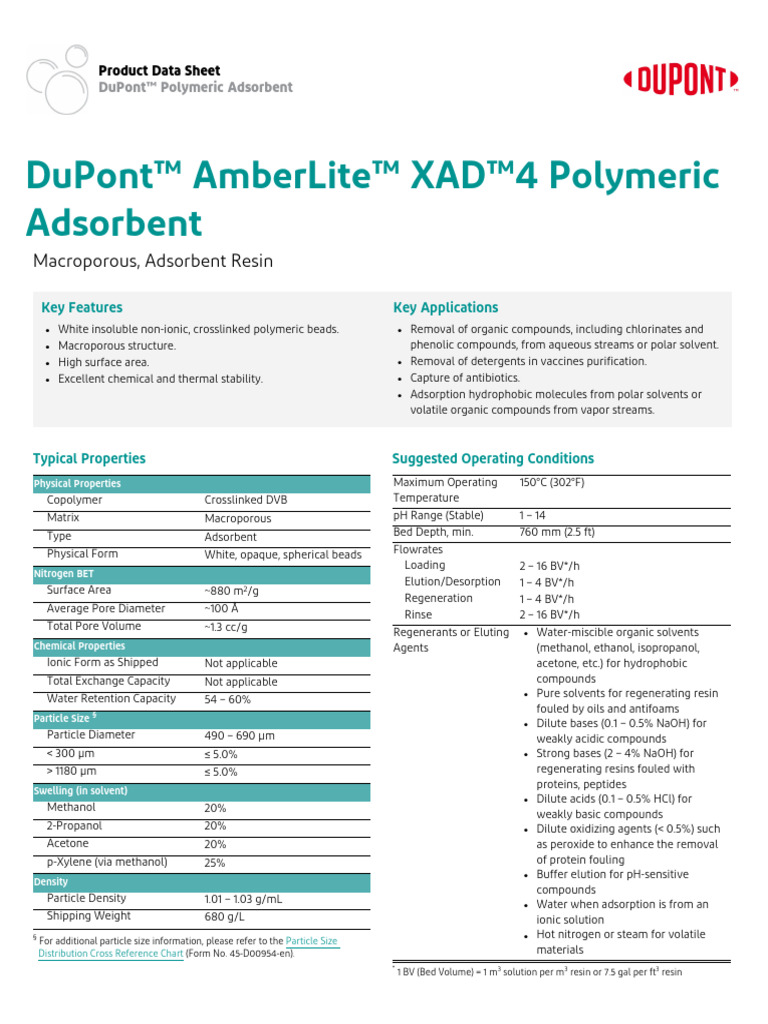 AmberLite XAD-4 Product Data Sheet | PDF | Adsorption | Solvent
