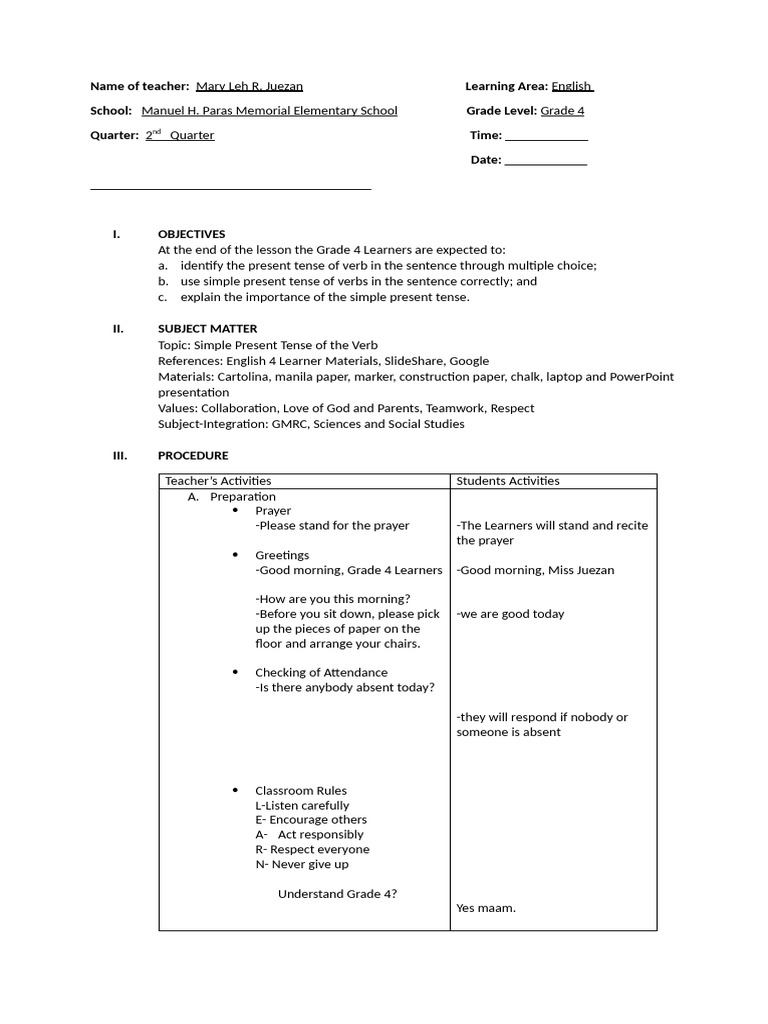 Simple Present Tense of Verb-Lesson Plan | PDF | Verb | Grammar