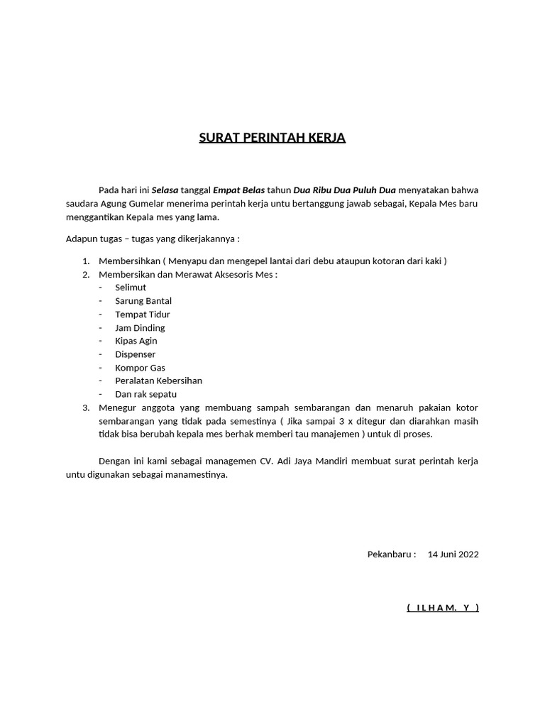 Surat Perintah Kerja Kepala Mes 2022 | PDF