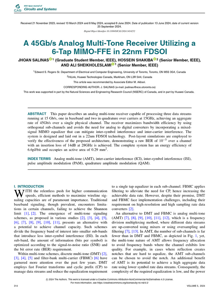 A 45Gb S Analog Multi-Tone Receiver Utilizing A 6-Tap MIMO-FFE in 22nm ...