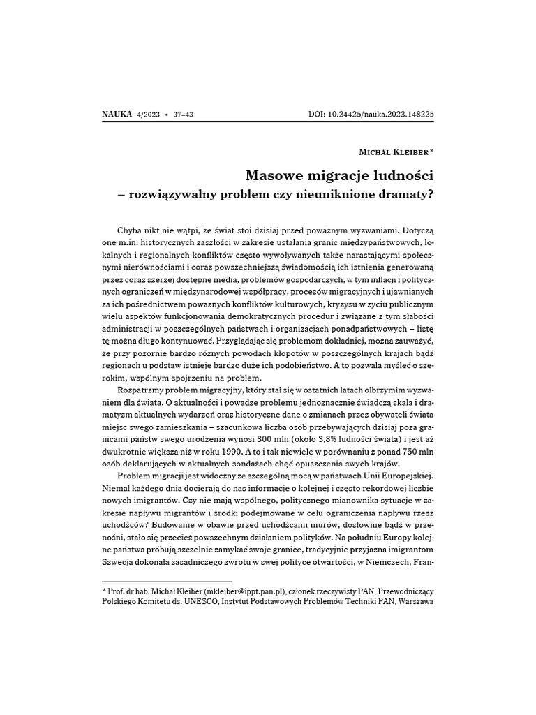 Masowe Migracje Ludno Ci: - Rozwi Zywalny Problem Czy Nieuniknione Dramaty? | PDF