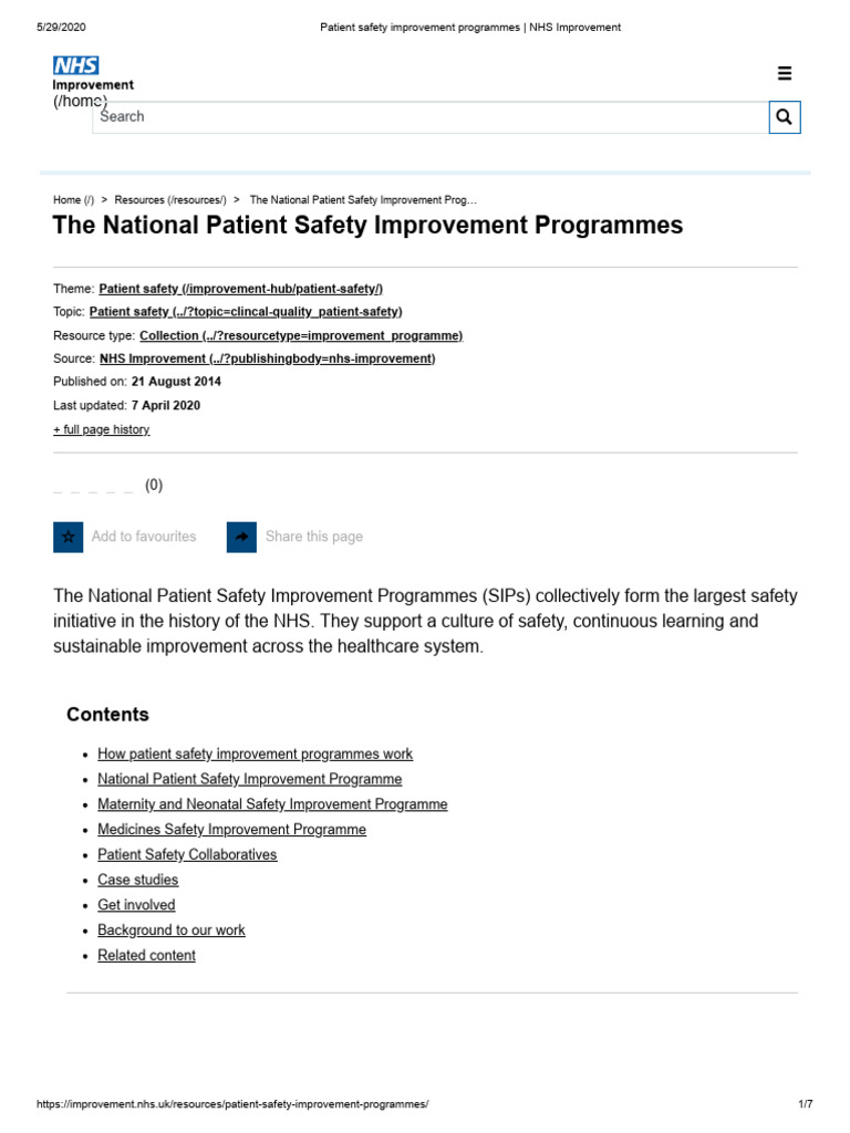 Patient Safety Improvement Programmes - NHS Improvement | PDF | Patient ...