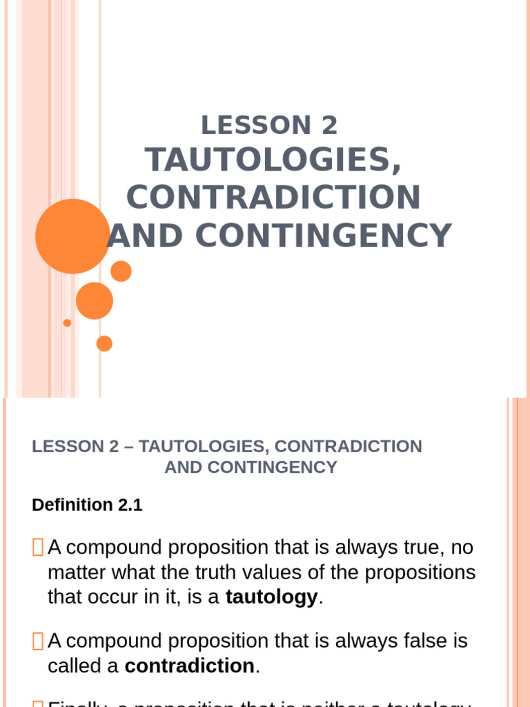 LESSON 2 Tautology Contardiction and Contingency | PDF | Contradiction ...