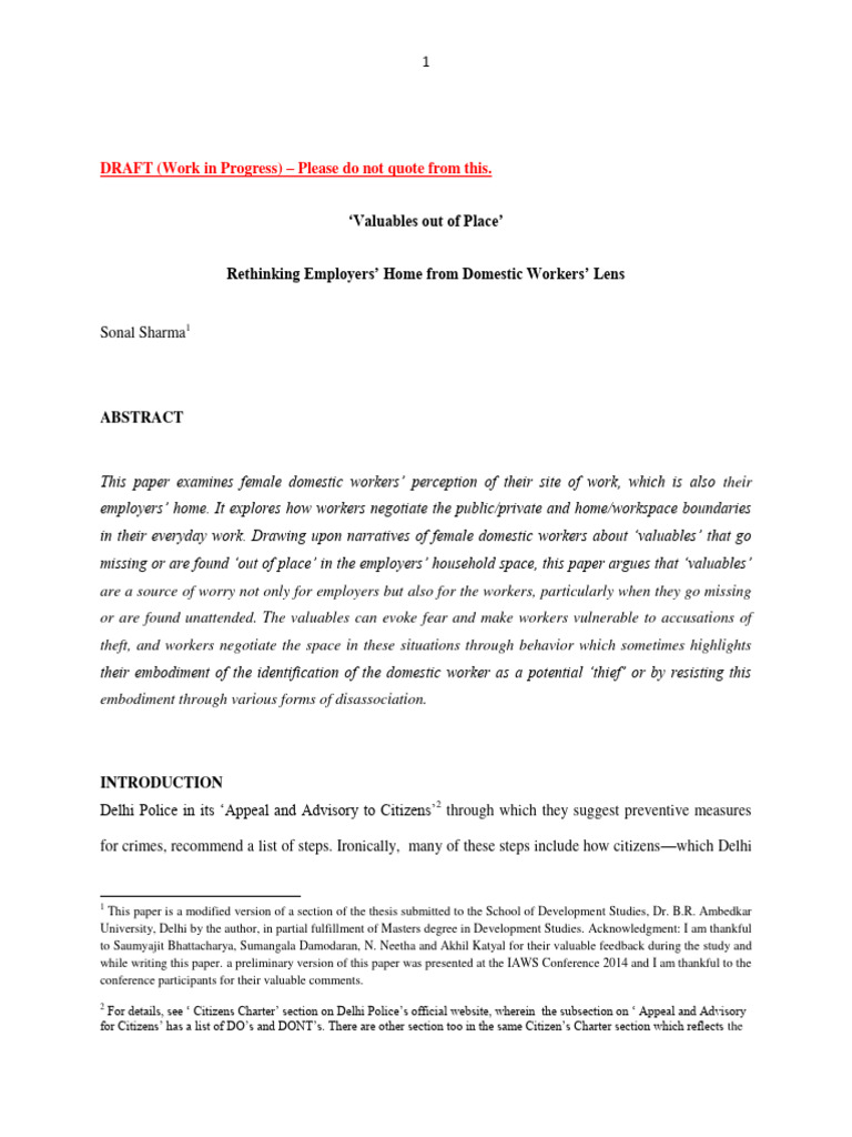 Sonal Sharma Draft Book Chapter (Valuables) | PDF | Space | Domestic Worker