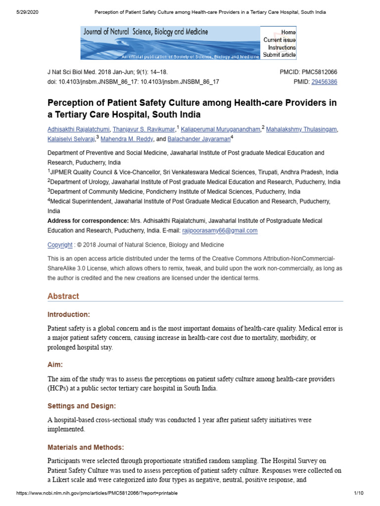 Perception of Patient Safety Culture Among Health-Care Providers in A ...