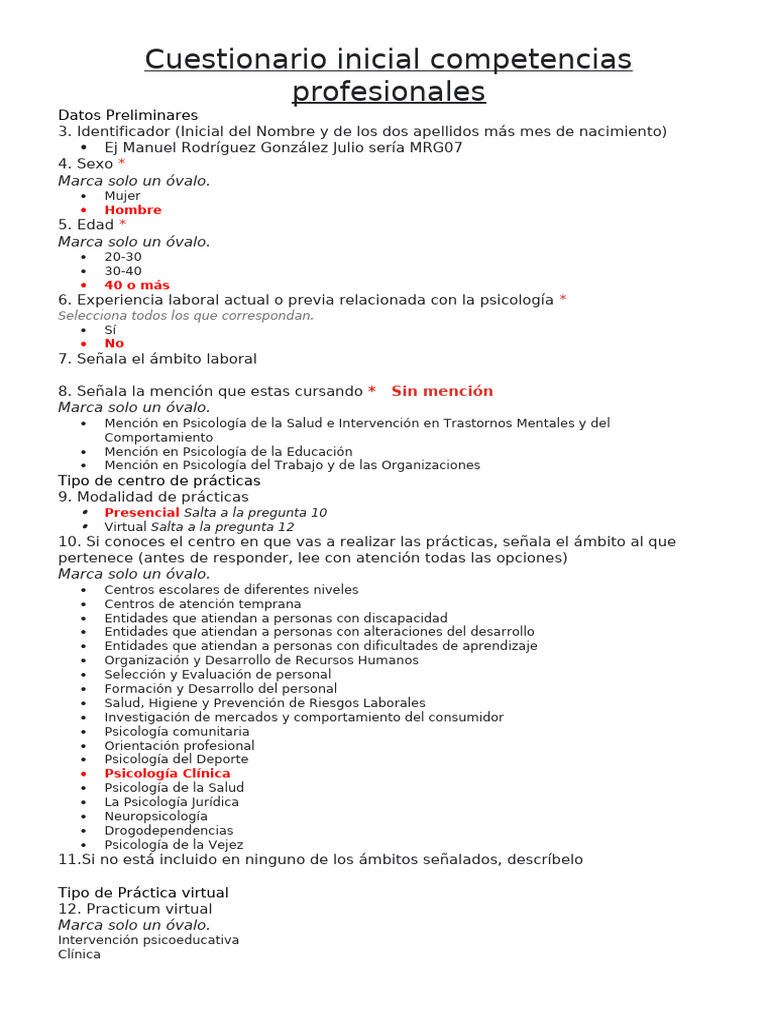 Cuestionario Competencias Profesionales | PDF | Sicología | Inteligencia