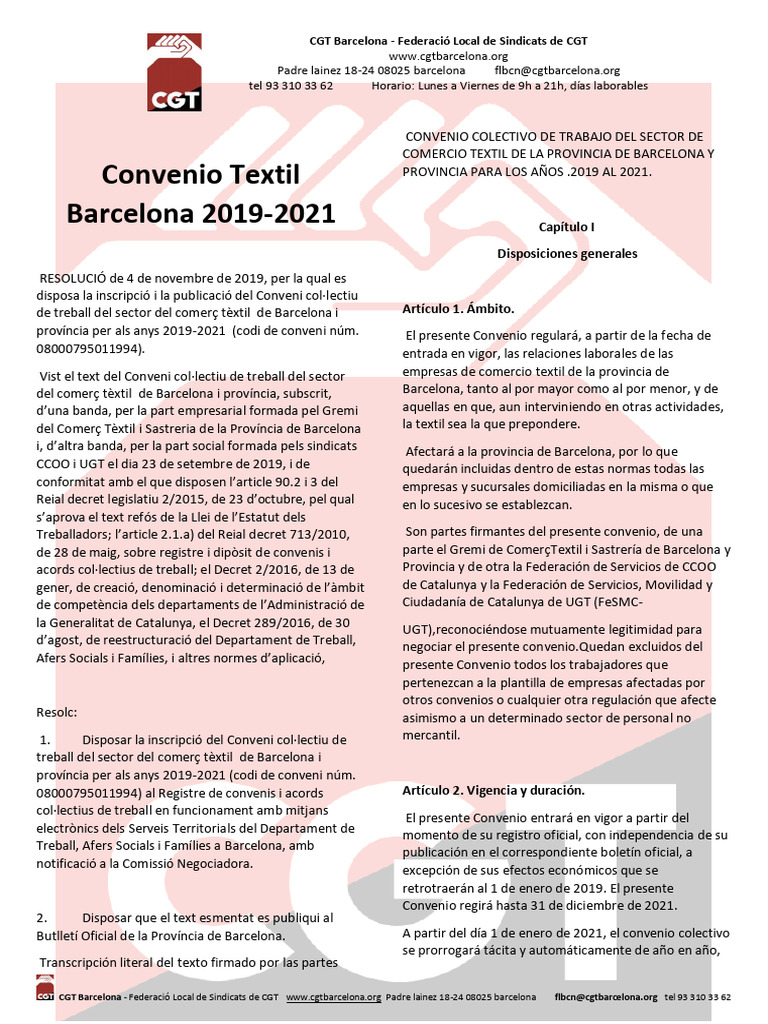 Convenio Textil Provincia Barcelona 2019 2021 CGT | PDF | Tiempo de trabajo | Salario