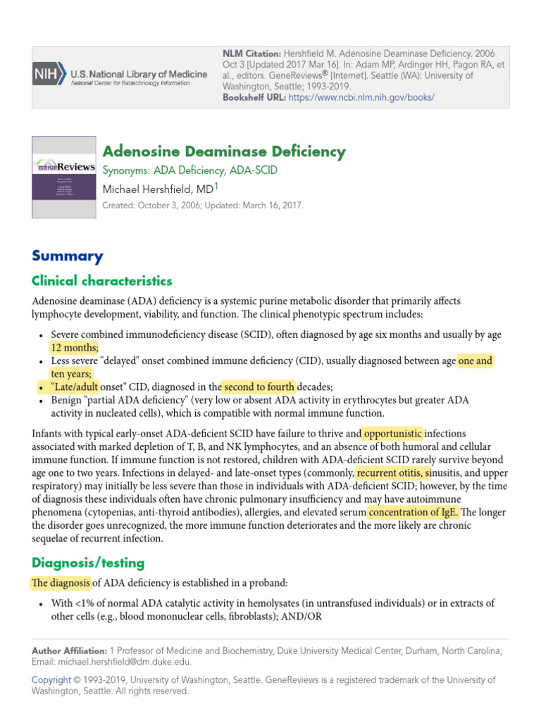 Adenosine Deaminase Deficiency Overview | PDF | Immunodeficiency ...