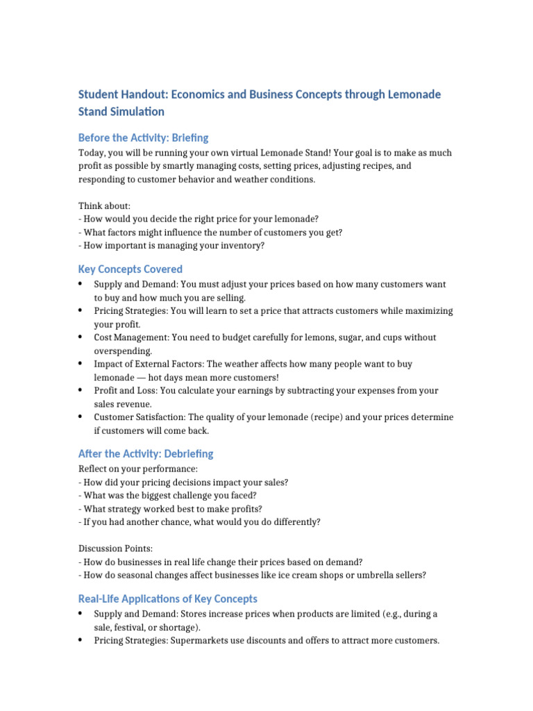 Lemonade Stand Economics Simulation Guide | PDF