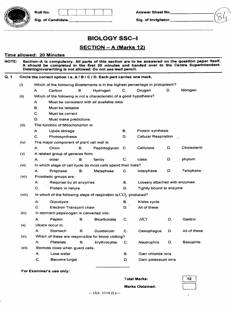 Biology 9 FBISE Past Paper 2015 | PDF