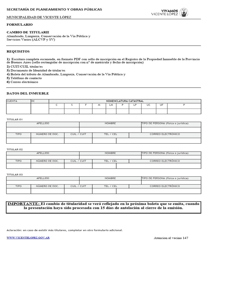 FORMULARIO CAMBIO DE TITULARIDAD - Docx 1 | PDF