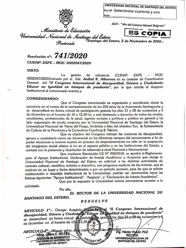 UNSE Resol. 741_2020 Discapacidad y Genero | PDF