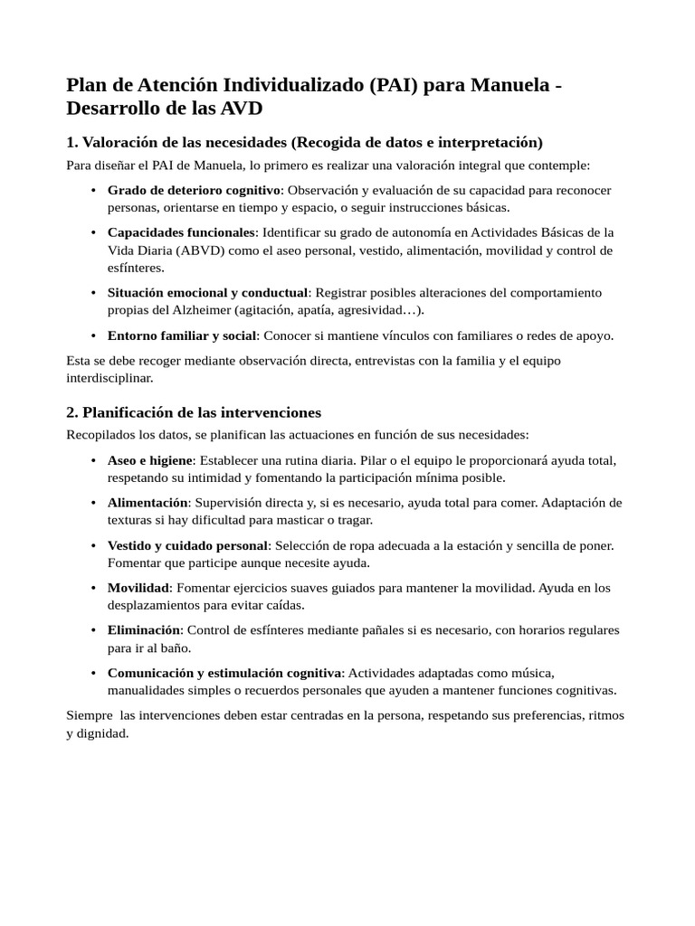 Plan de Atención Individualizado (PAI) para Manuela - Desarrollo de Las AVD | PDF ...
